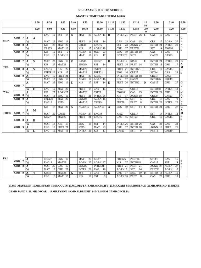St. Lazarus Junior School Term 1 Timetable | PDF