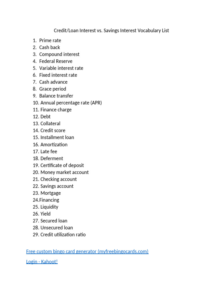 Credit and Loan Interest Vocabulary List | PDF