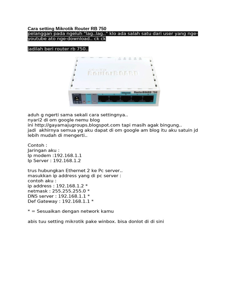 Cara Setting Mikrotik Router RB 750 | PDF | Computer Network | Network ...
