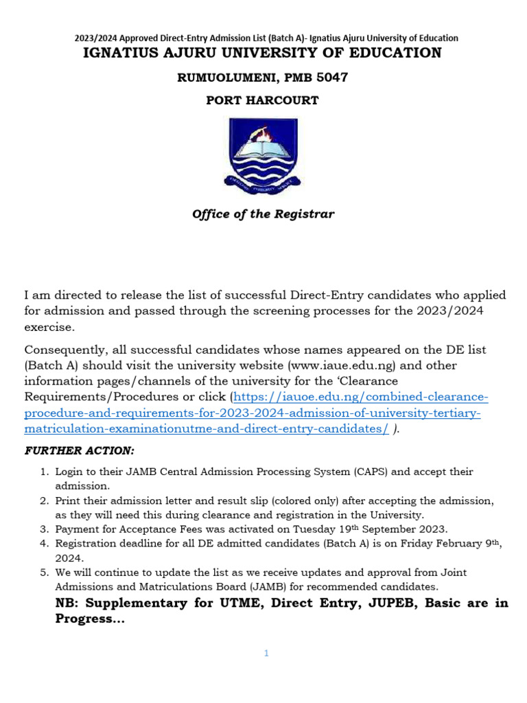 2023 2024 Approved Direct Entry Admission List Ignatius Ajuru ...