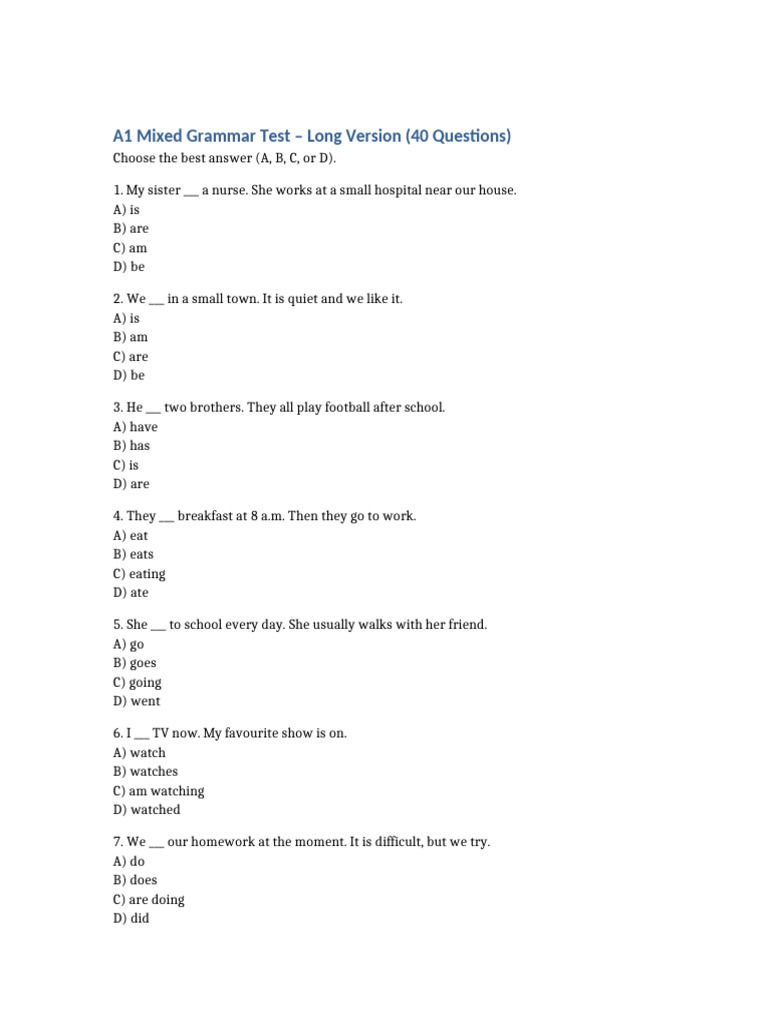 A1 Mixed Grammar Test: 40 Questions | PDF | Chess Openings | Chess