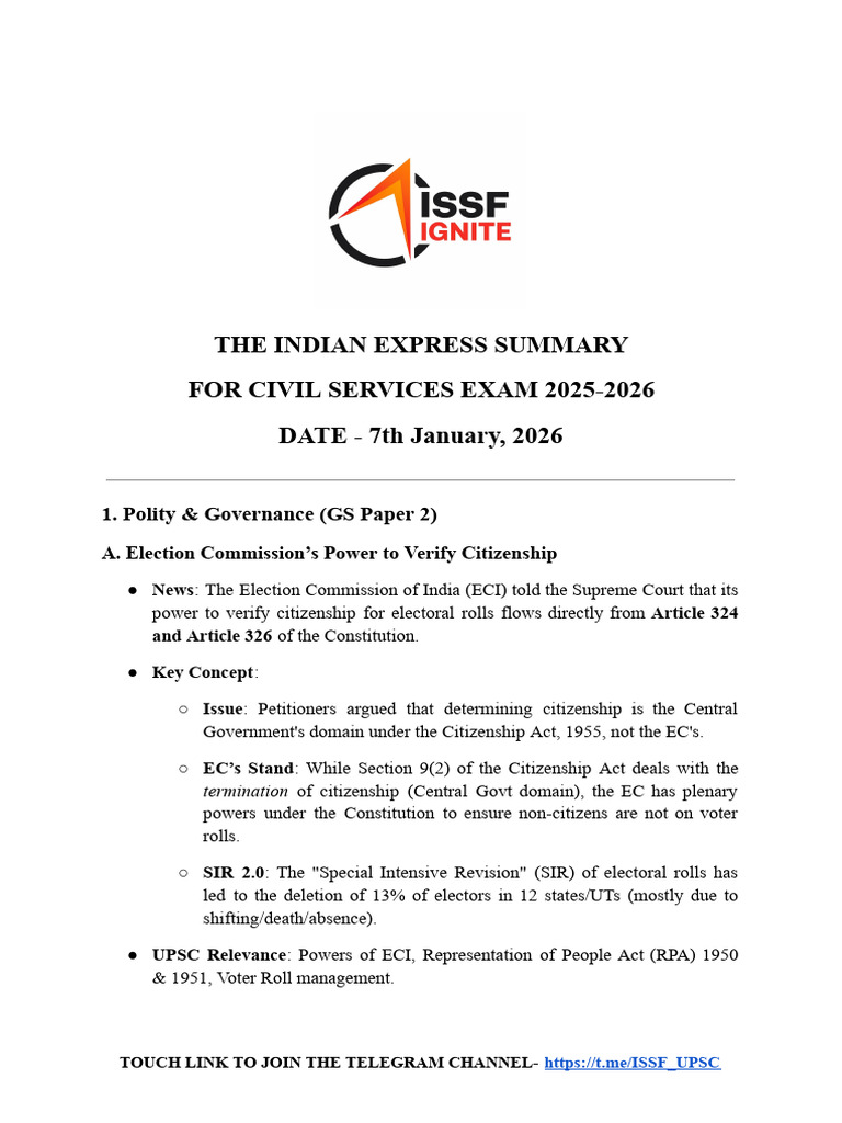 7th January, 2026 - THE INDIAN EXPRESS SUMMARY | PDF
