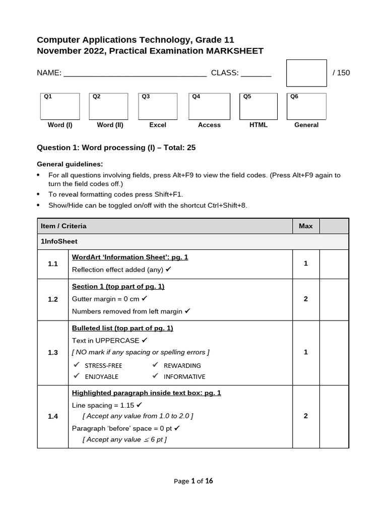 Grade 11 Computer Applications Exam Marksheet | PDF | Note (Typography ...