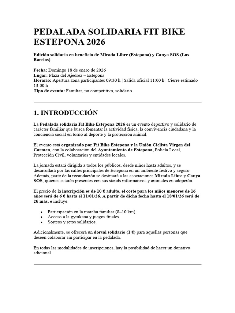 Reglamento Pedalada Solidaria Fit Bike Estepona .2026 Actualizada | PDF