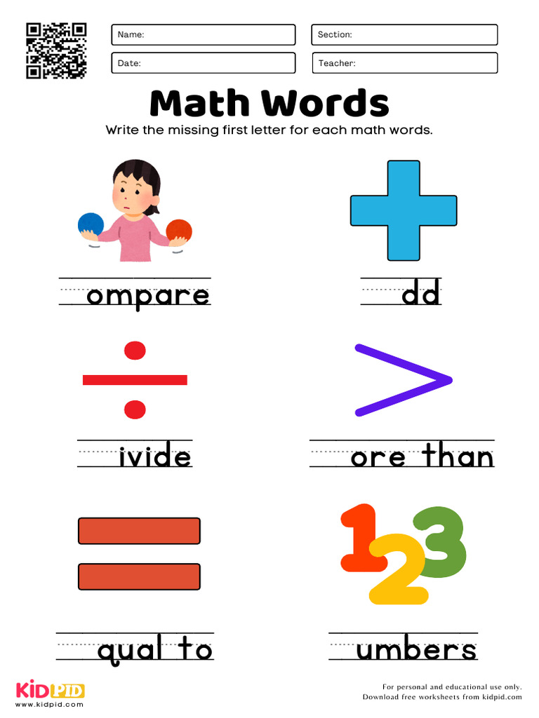 Math Vocabulary Worksheet for Kindergarten | PDF | Arithmetic ...