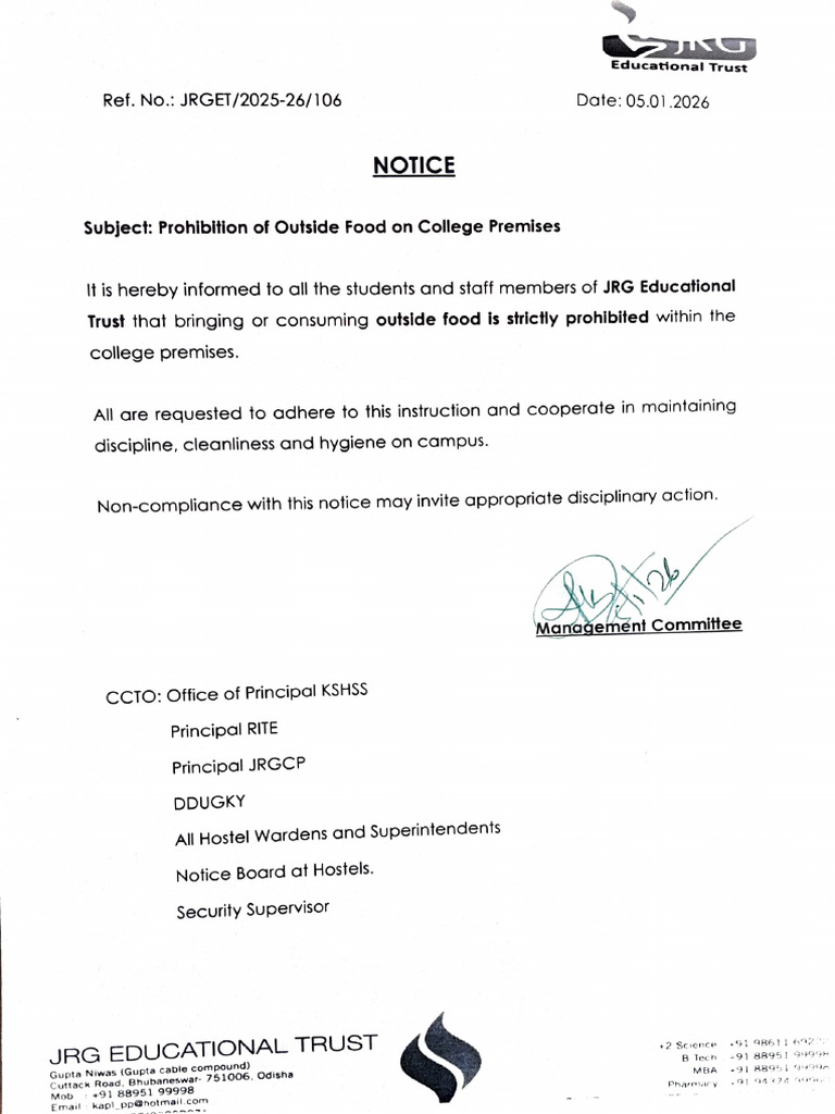 Notice - Prohibition of Outside Food on College Premises | PDF
