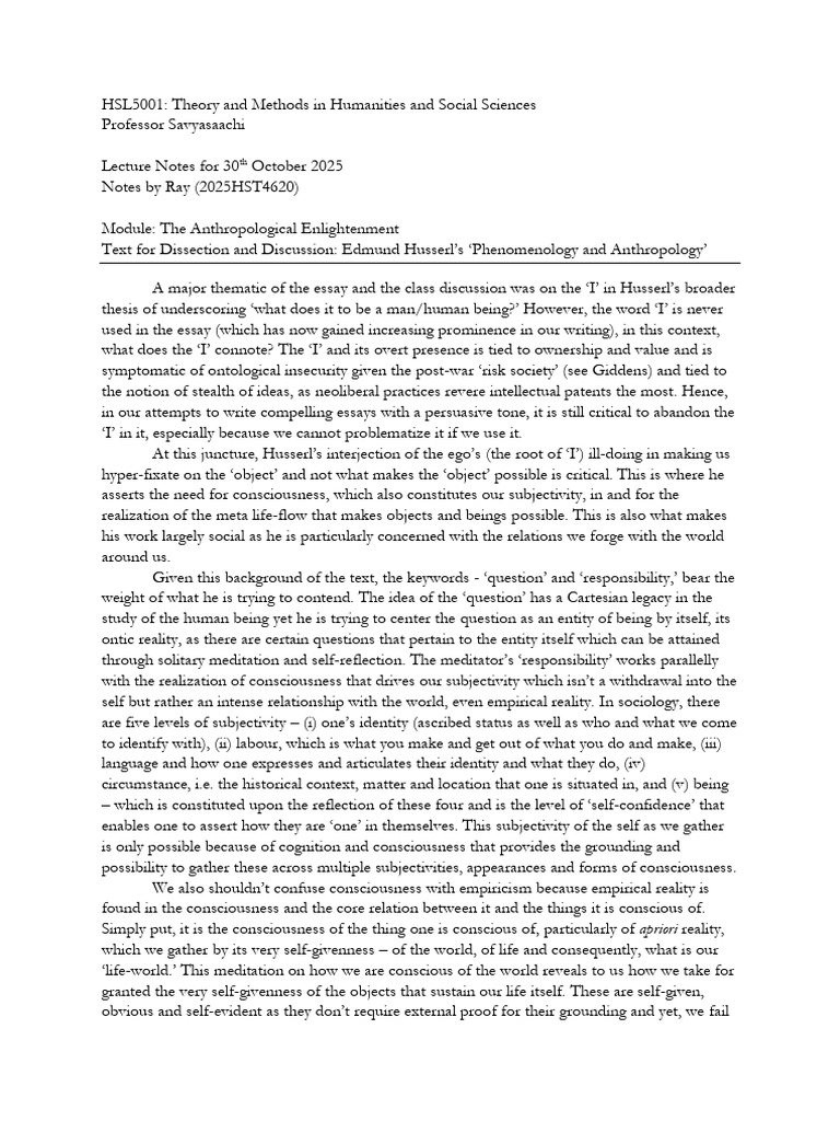 Ray LectureNotes 3010Husserl (1) | PDF | Phenomenology (Philosophy ...