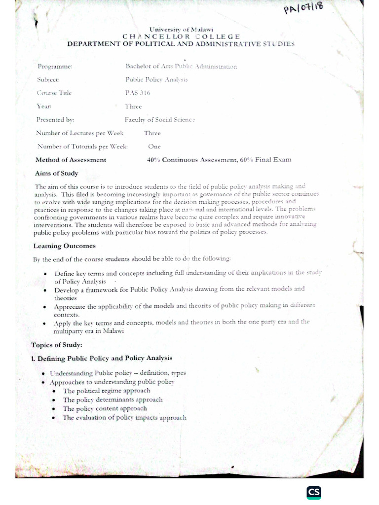 Public Policy Analysis Course Outline | PDF