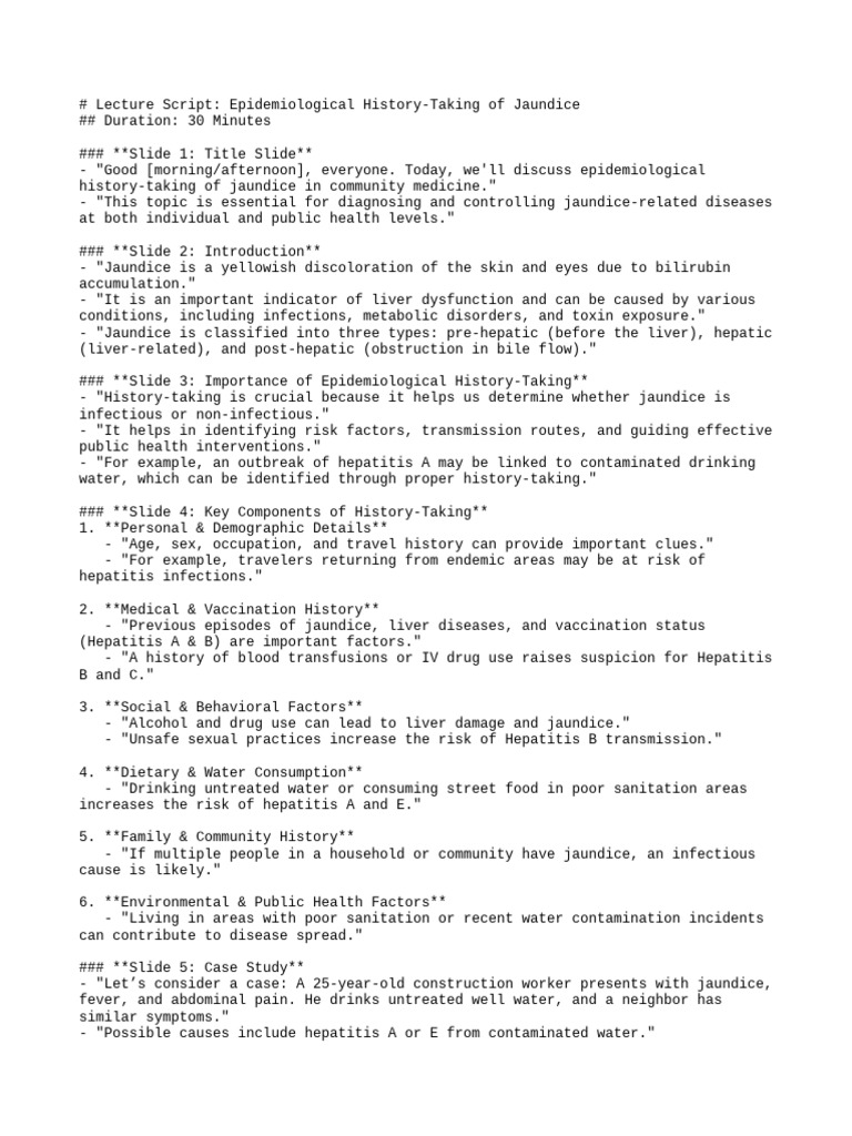 Epidemiological History Taking of Jaundice Lecture Script | PDF ...