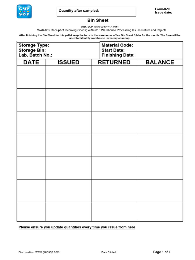 Form 020 Bin Sheet | PDF
