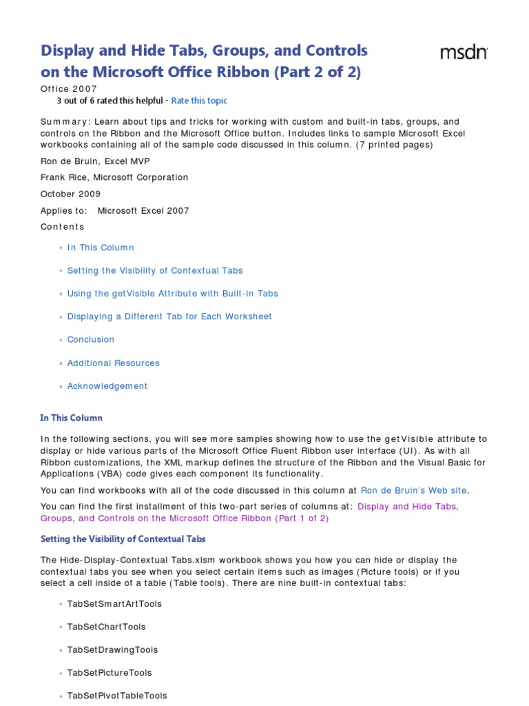 Display and Hide Tabs, Groups, and Controls On The Microsoft Office Ribbon (Part 2 of 2) | PDF ...