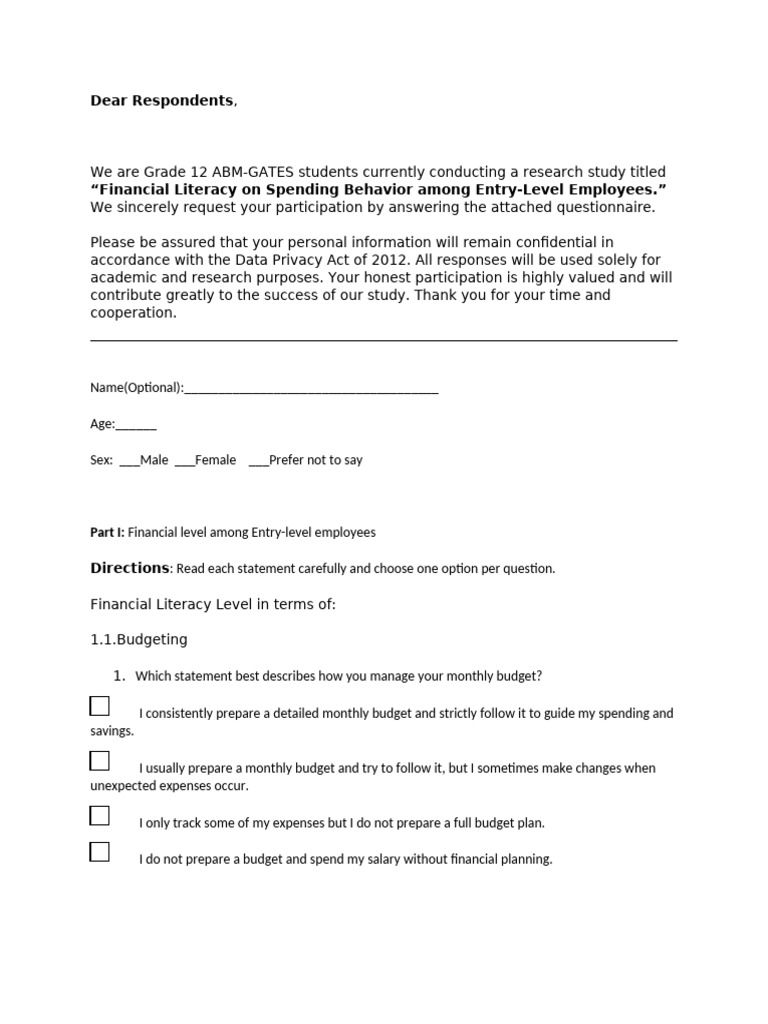 Financial Literacy Survey for Employees | PDF | Budget | Debt