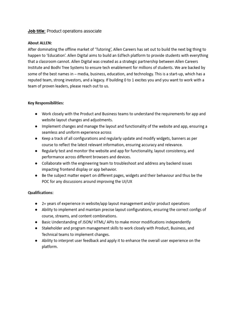 Product Operations Associate Role at Allen | PDF