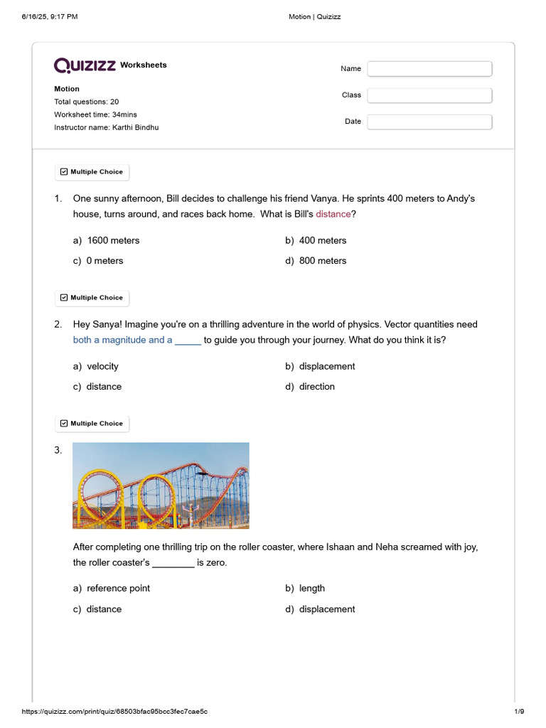 Motion Worksheets for Students | PDF | Acceleration | Velocity