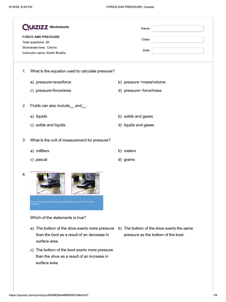 Force and Pressure Worksheet Quiz | PDF | Pressure | Force