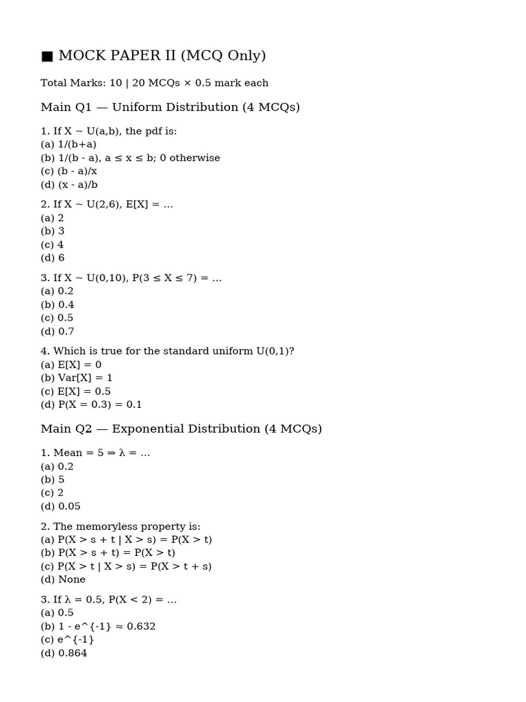 Mock Paper II Mcq Only a4 Fixed v2 | PDF | P Value | Normal Distribution