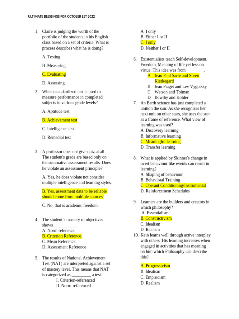 October 2022 LET Exam Review Guide | PDF | Educational Assessment ...
