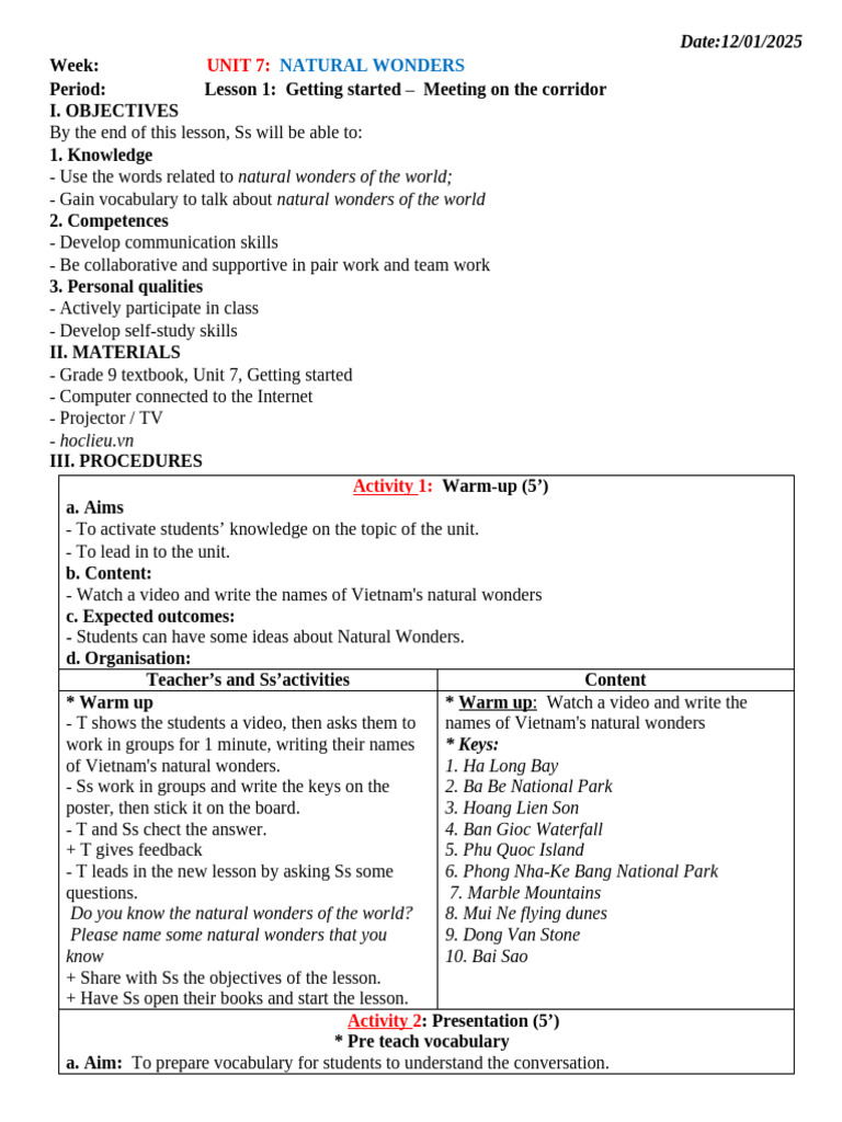 Natural Wonders Lesson Plan for Grade 9 | PDF | Question | Vocabulary