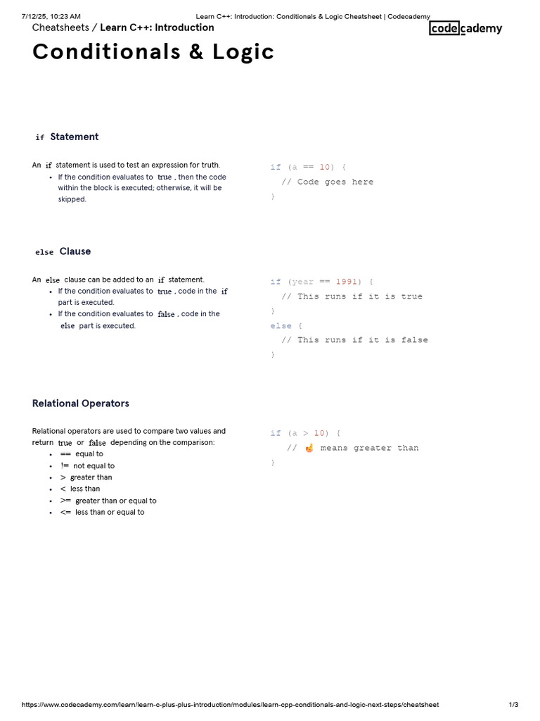 Learn C++_ Introduction_ Conditionals & Logic Cheatsheet _ Codecademy ...