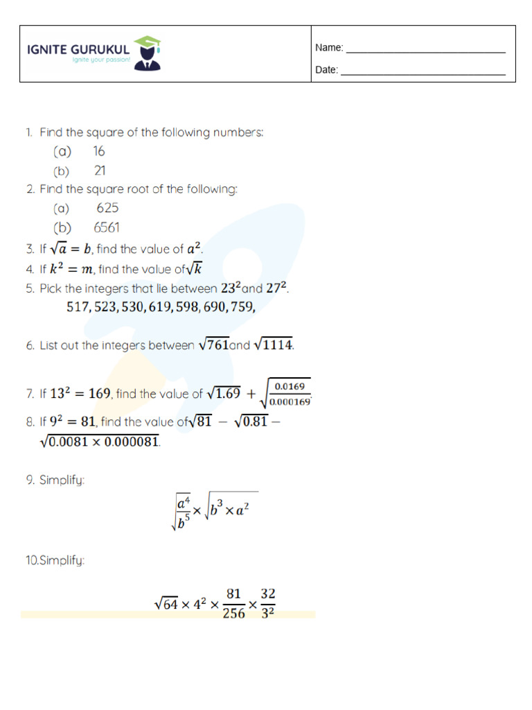 Homework - Squares and Square Roots & Cubes and Cube Roots - 16.08.2025 ...