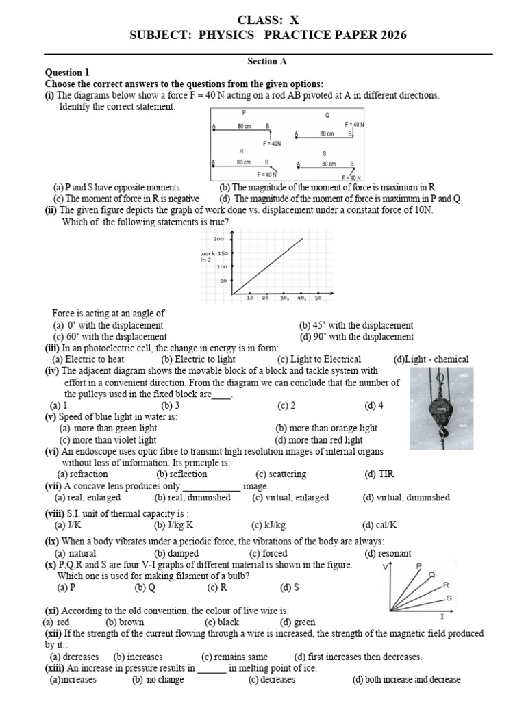 Physics Practice Paper 2026 for Class X | PDF | Radiation | Light