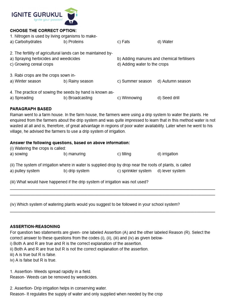 Practice Worksheet - Crop Production & Management - 07.08.2025 - With ...
