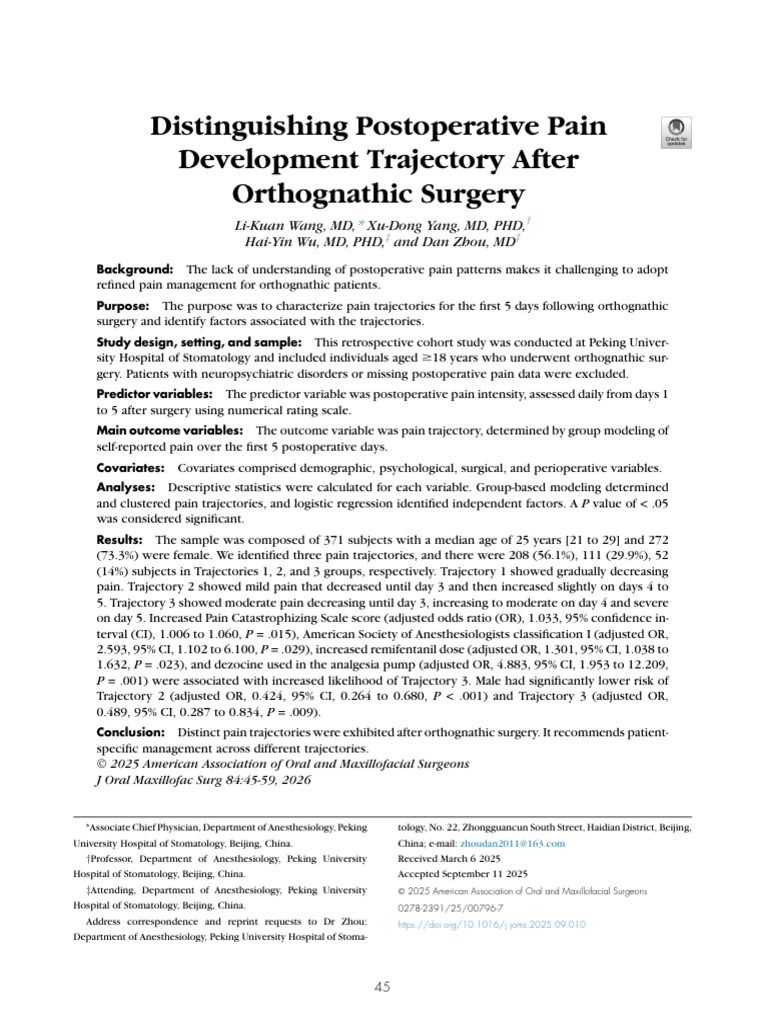 Postoperative Pain Trajectories in Orthognathic Surgery | PDF ...