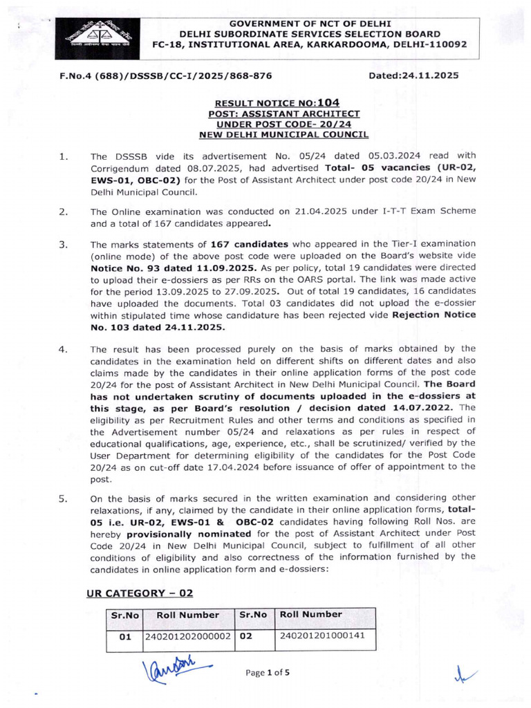 Dsssb Result Notice No-104 Post- Assistant Architecт Under Post Code ...