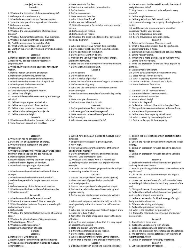 XI Physics Expected Questions | PDF | Force | Torque