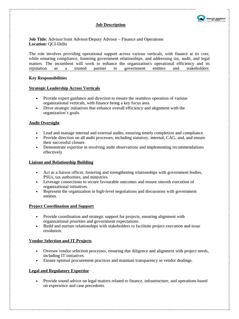 Job Description Sr. Professional Finance and Operations | PDF | Audit ...