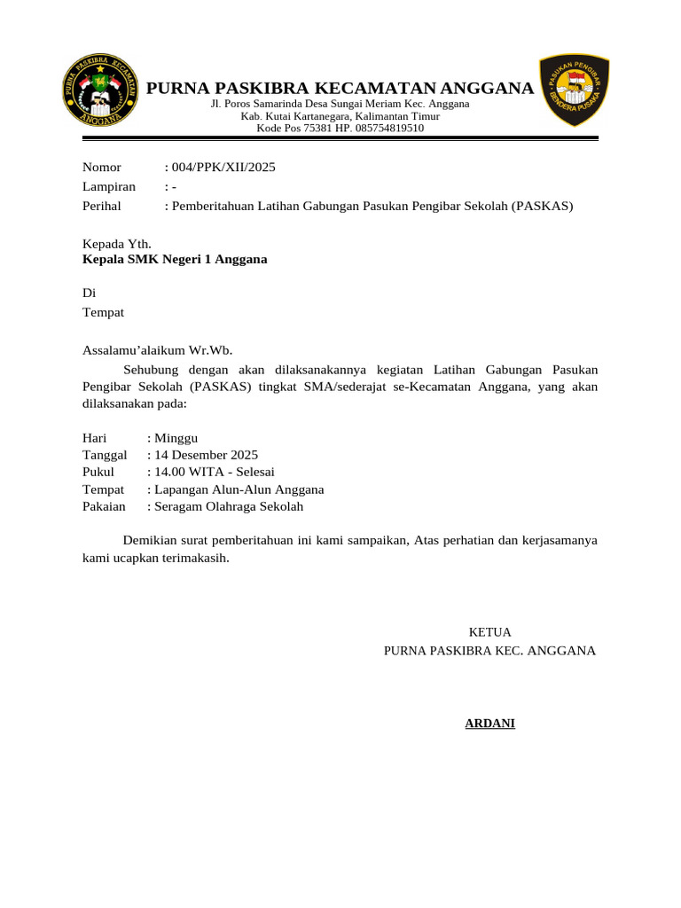 Pemberitahuan Latihan PASKAS Anggana | PDF
