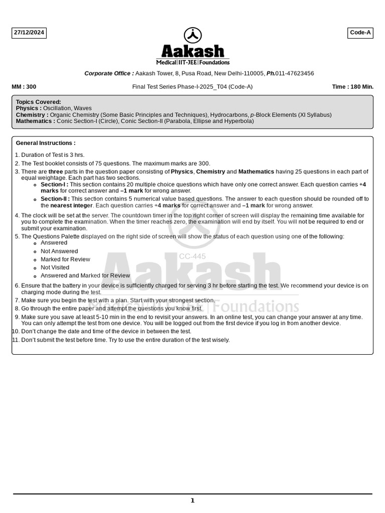 CC-445_FTS-2025_Ph-1_T04-(Code-A)_(27-12-2024) | PDF | Resonance | Ellipse