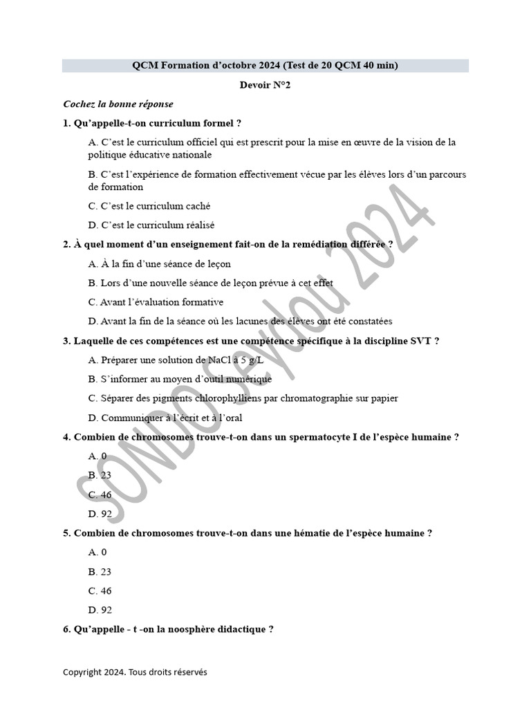 QCM sur le curriculum et SVT 2024 | PDF | Apprentissage | Pédagogie