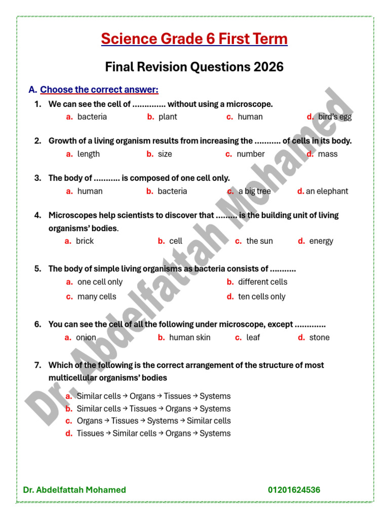 Science Grade 6 Final Revision Questions Bank Original-1 | PDF | Human ...