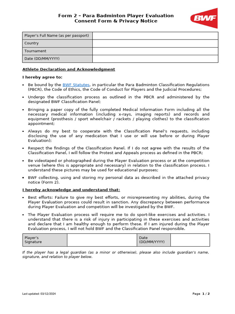 Form 2 - Para Badminton Player Evaluation Consent Form - Dec 2024 | PDF ...