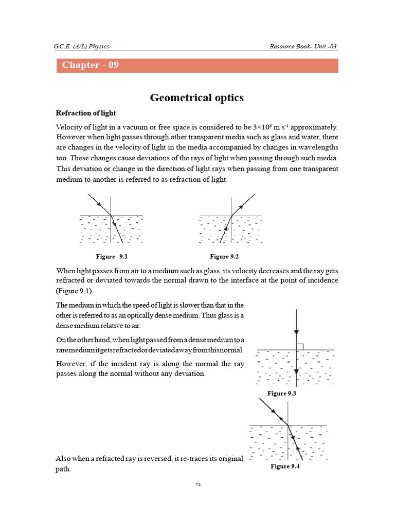 Grade 12 Physics Unit 3-Light | PDF | Refraction | Light