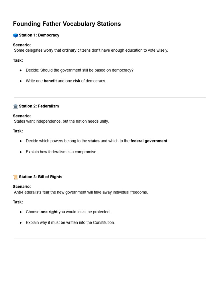 Founding Father Vocabulary Stations | PDF