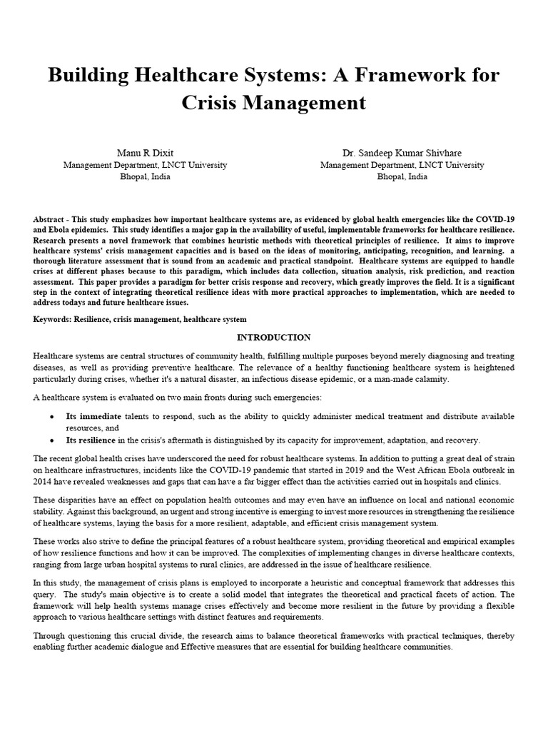 Building Healthcare Systems a Framework for Crisis Management ...