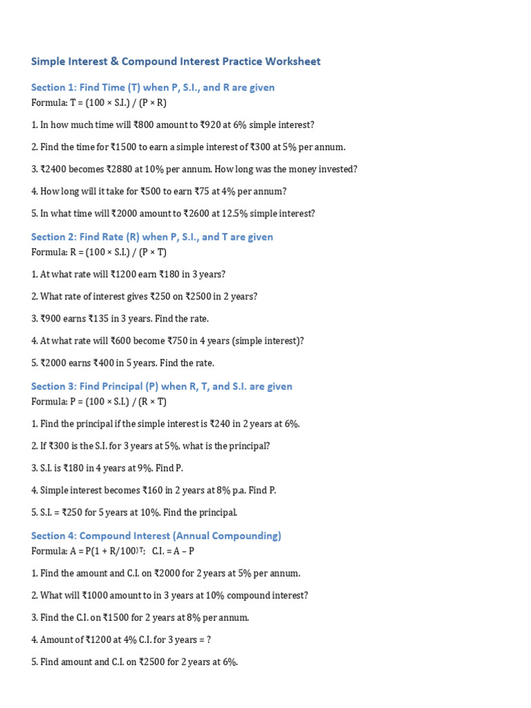 Simple & Compound Interest Worksheet | PDF