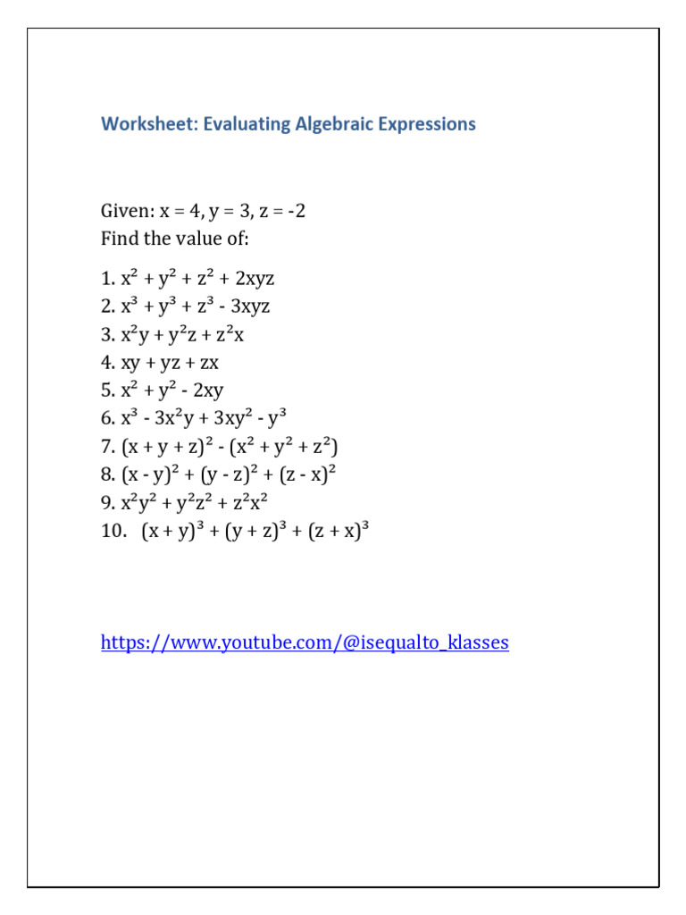 Algebraic Expressions Evaluation Worksheet | PDF