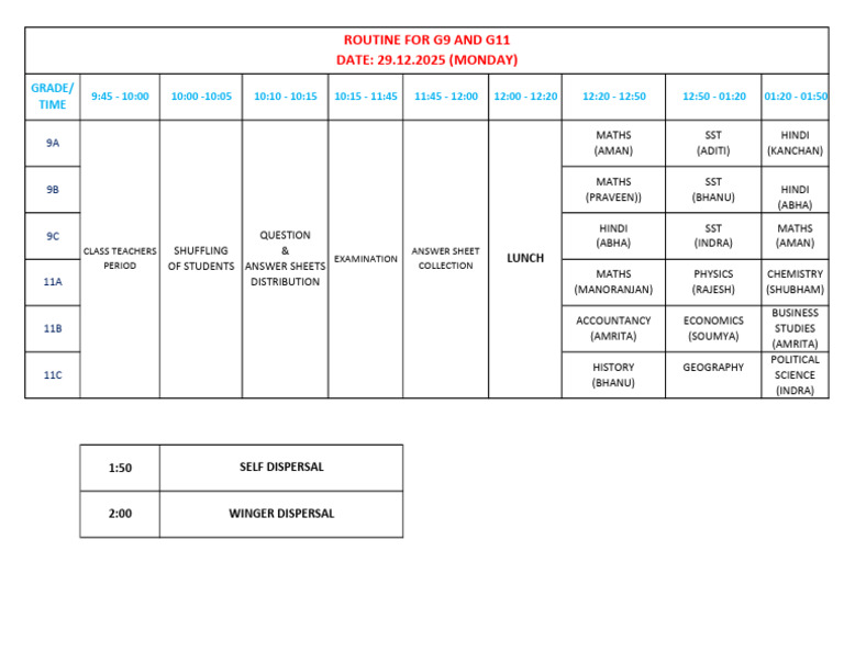 G9 and G11 Class Schedule 29.12.2025 | PDF