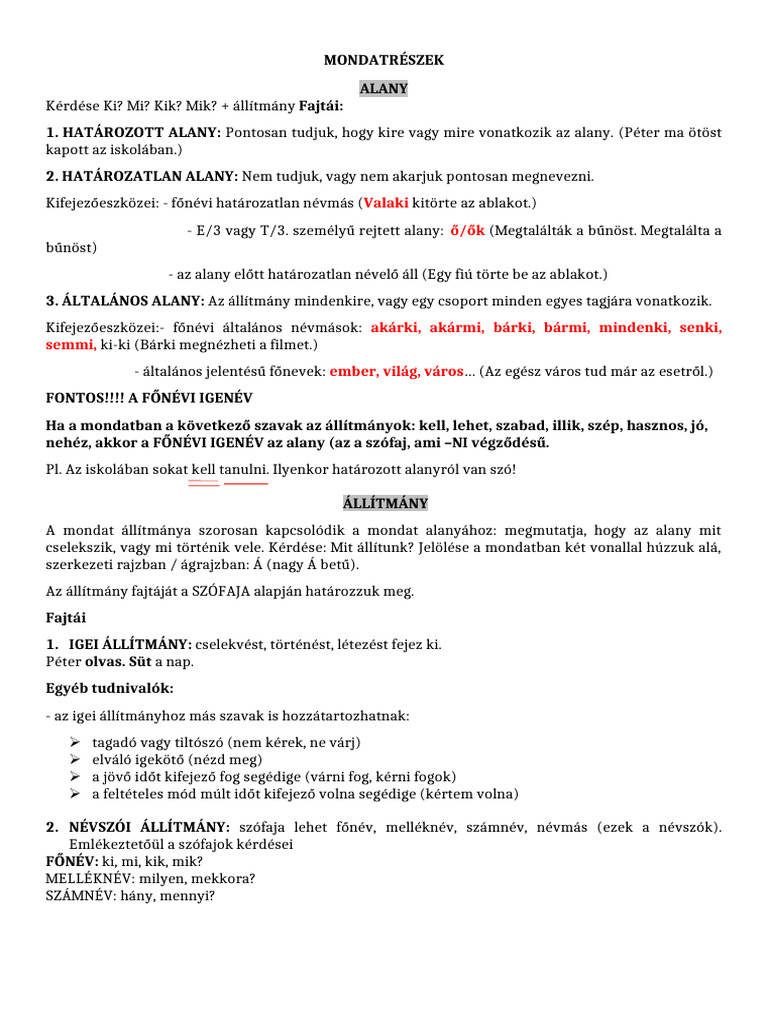 Alany És Állítmány | PDF