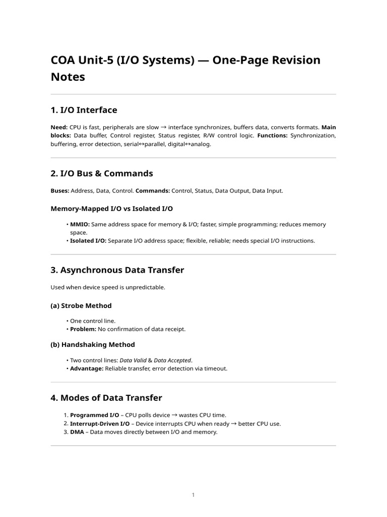 Coa Unit-5 One-page Revision Notes | PDF | Input/Output | Central ...