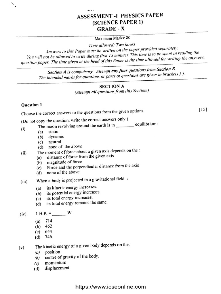 Icse Class 10 Assessment 1 Physics Science p1 300925 2025 | PDF