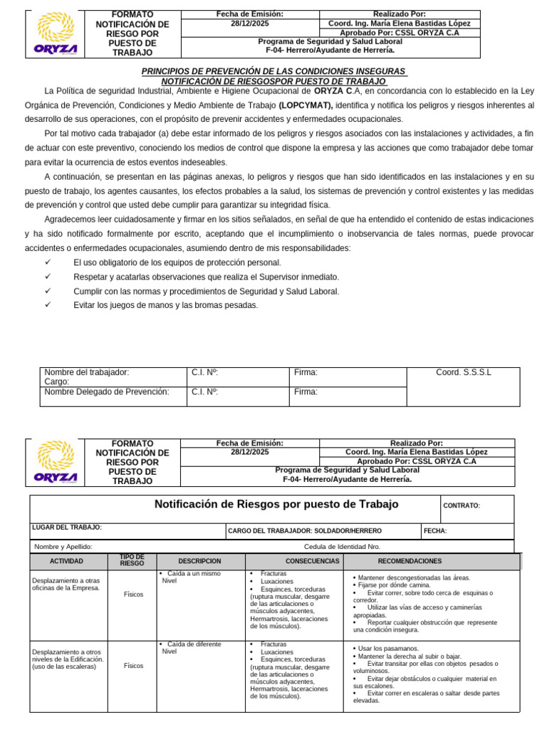 Notificacion de Riesgo Herrero f04 | PDF | Seguridad y salud ocupacional | Especialidades Medicas