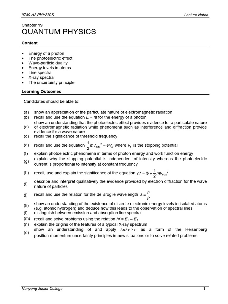 Quantum Physics Lecture Notes | PDF | Photoelectric Effect | Emission ...