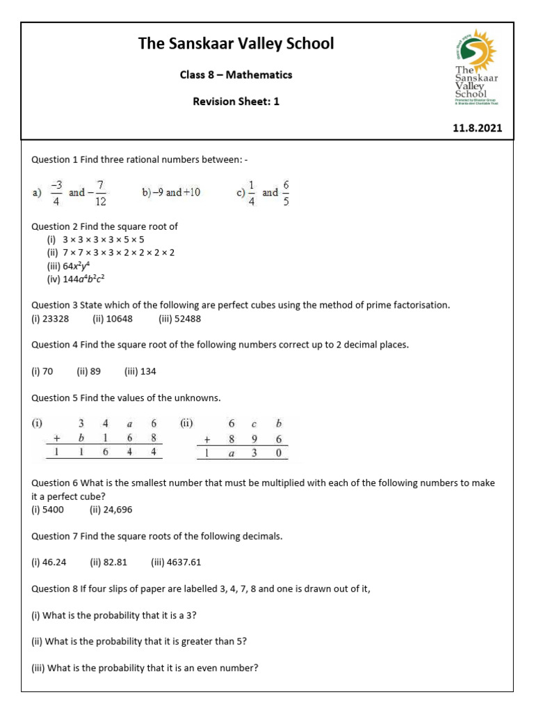 Grade 8 Math Revision Worksheet 1 | PDF | Numbers | Factorization