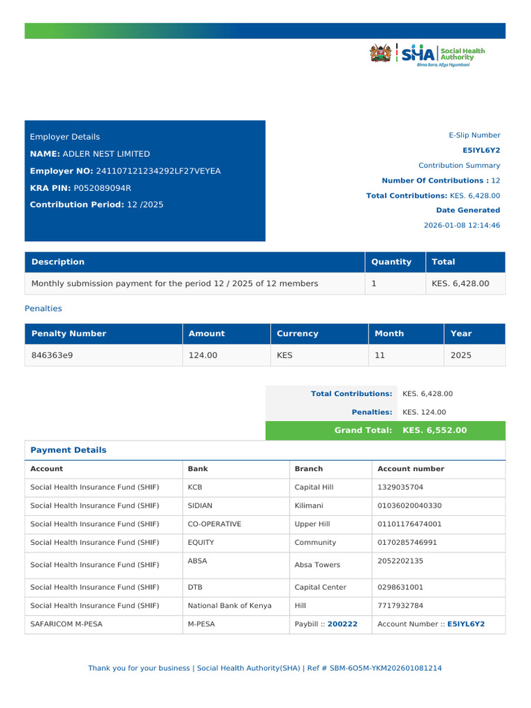 Employer Contribution Summary 12/2025 | PDF | Nairobi | Financial Services