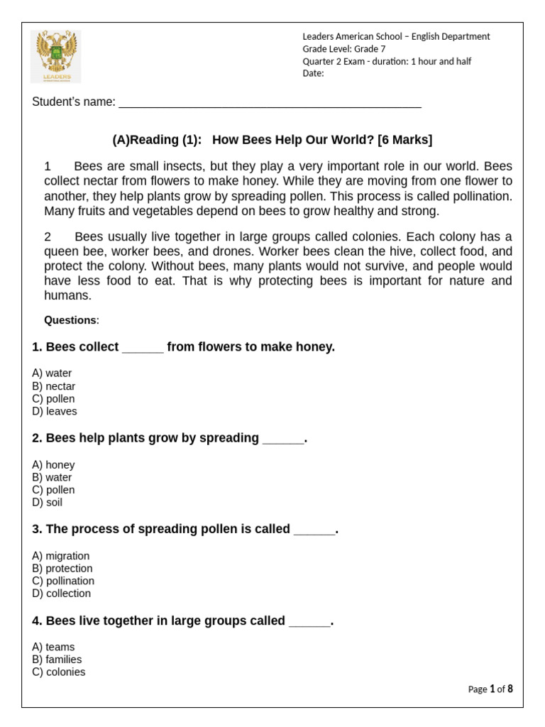 Grade 7 English Exam: Bees & Water | PDF | Honey Bee | Bees