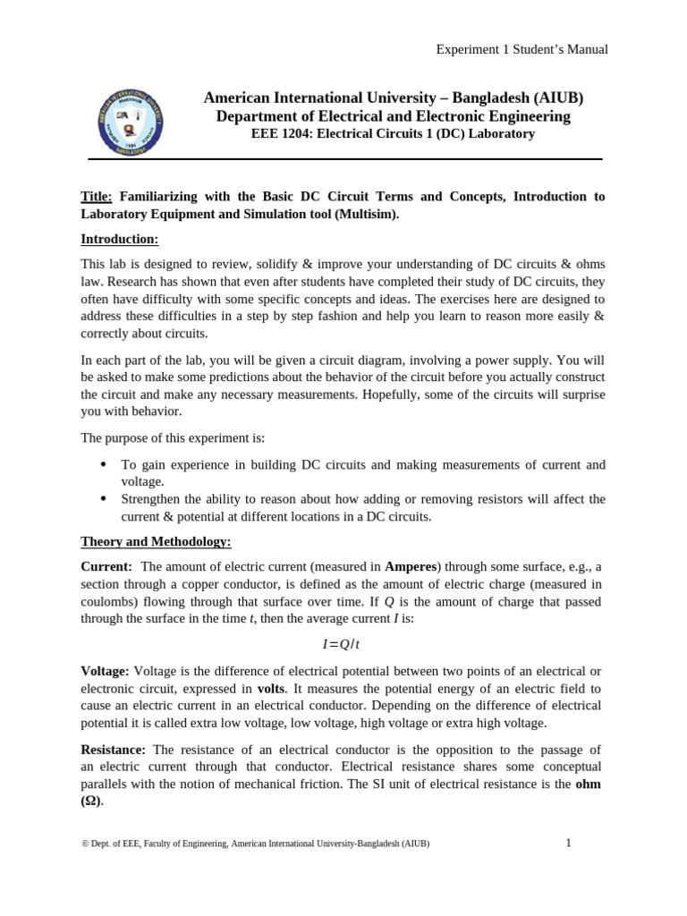 DC Lab Exp 1 Student Manual (Spring 22-23) | PDF | Voltage | Electrical ...